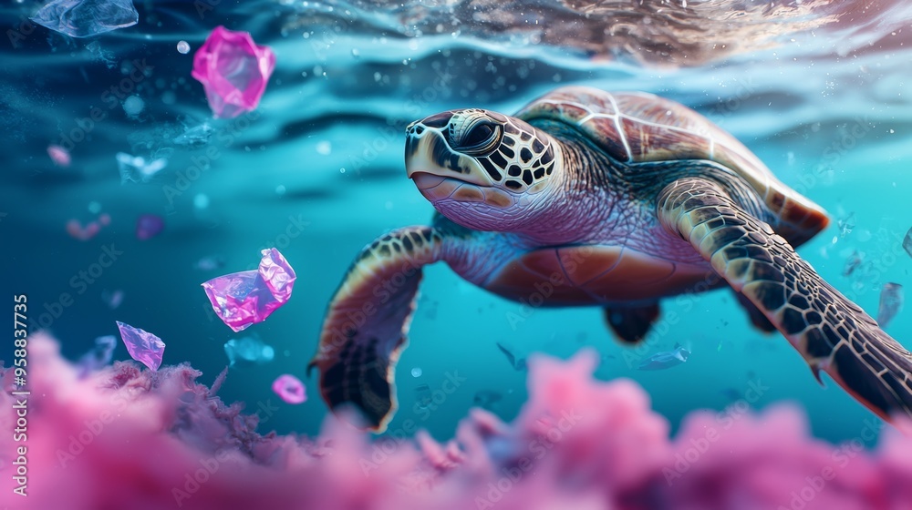 Sea turtle with microplastics embedded in its shell, symbolizing the ...