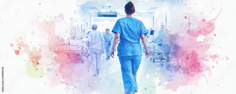 Dynamic nurse rushing through a busy hospital corridor, urgency in the ...