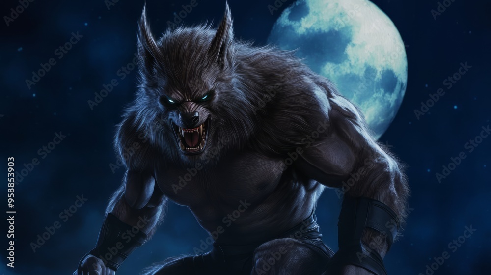 Fierce werewolf in a dynamic pose under full moon in dark forest night ...