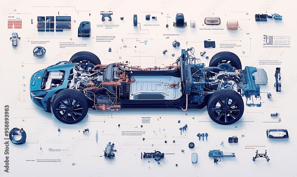 Exploded View of a Modern Electric Car with its Component Parts Labeled ...