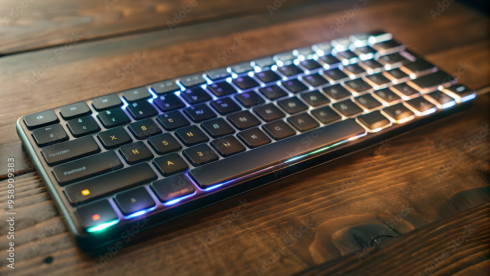 Modern Keyboard with Holographic Shortcuts Floating Above Keys on White ...