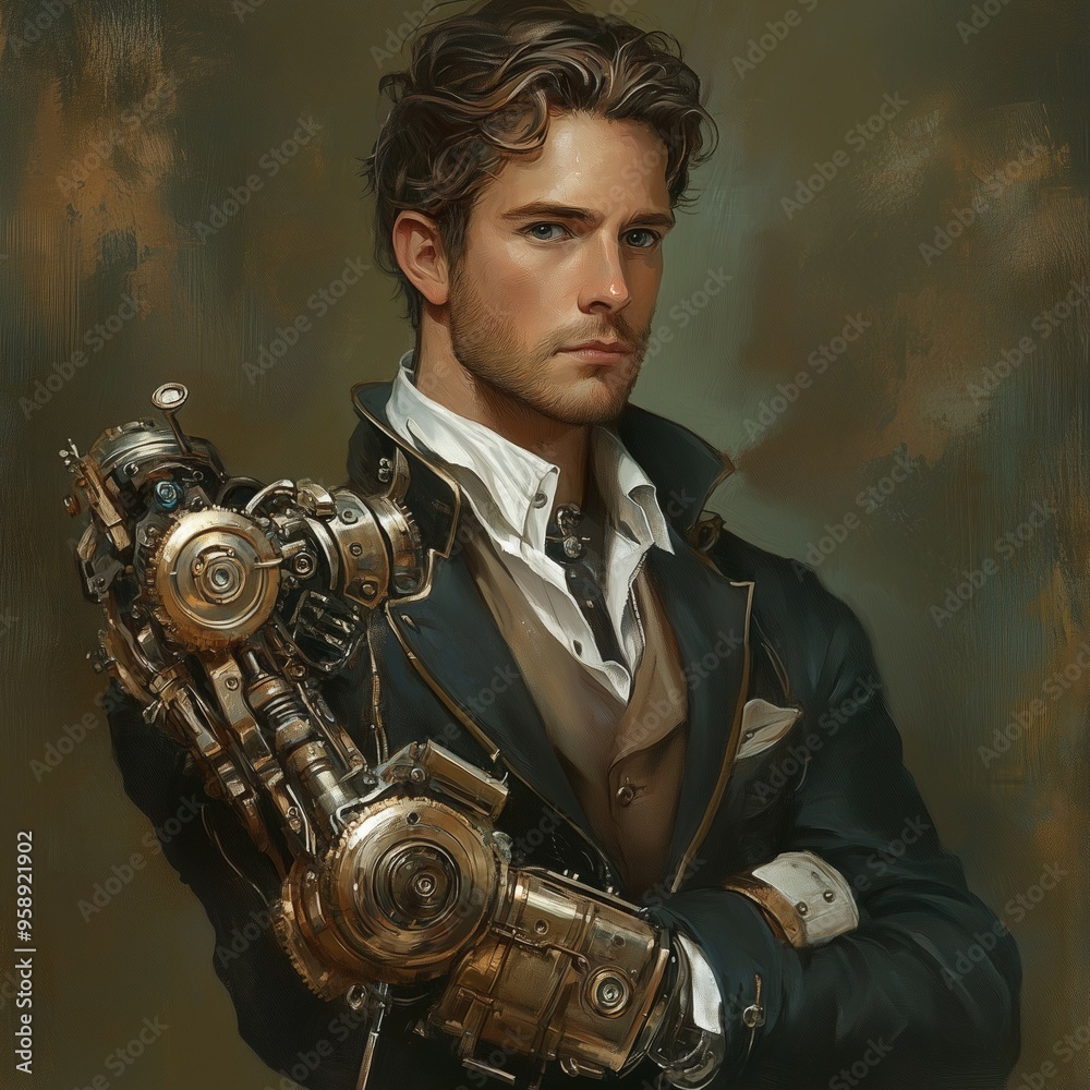 Steampunk man with intricate mechanical arm and Victorian inspired ...