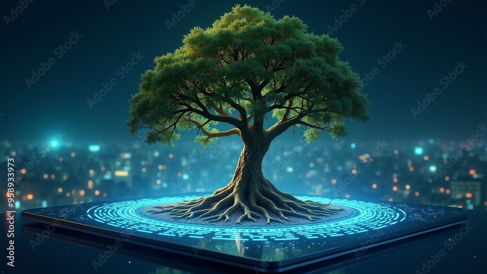 Technological Tree of Growth, A futuristic scene depicting a vibrant ...
