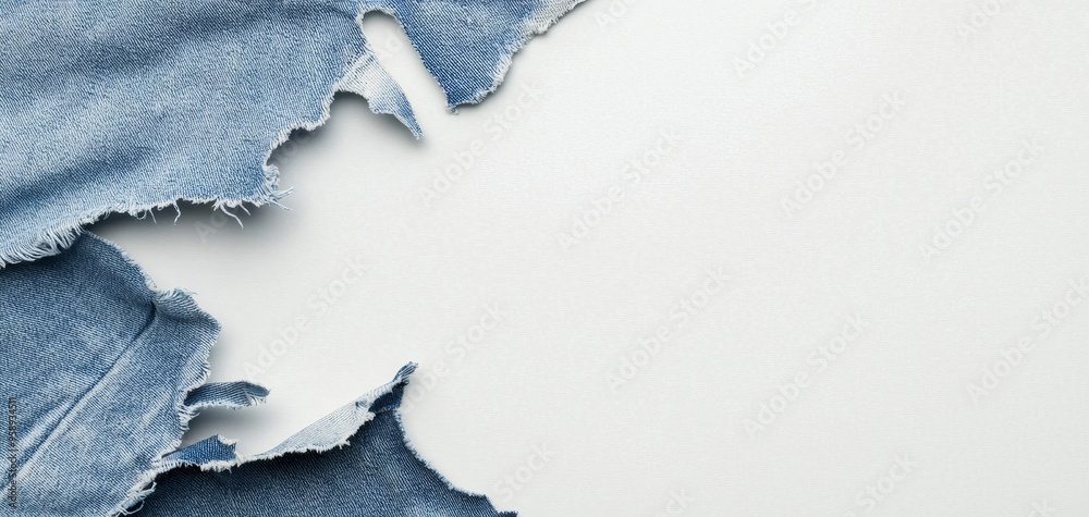 Torn denim fabric revealing a clean white background, showcasing the ...