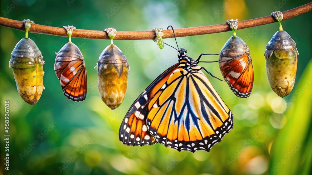 Macro footage of a butterfly emerging from a chrysalis, spreading wings ...