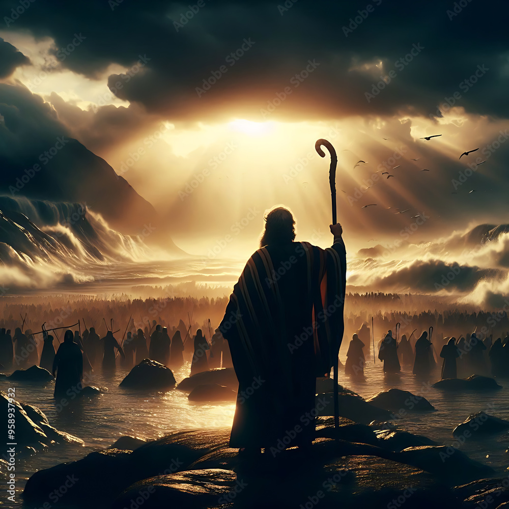 Foto de Stock Cinematic realist portrayal of Moses, standing firm with ...