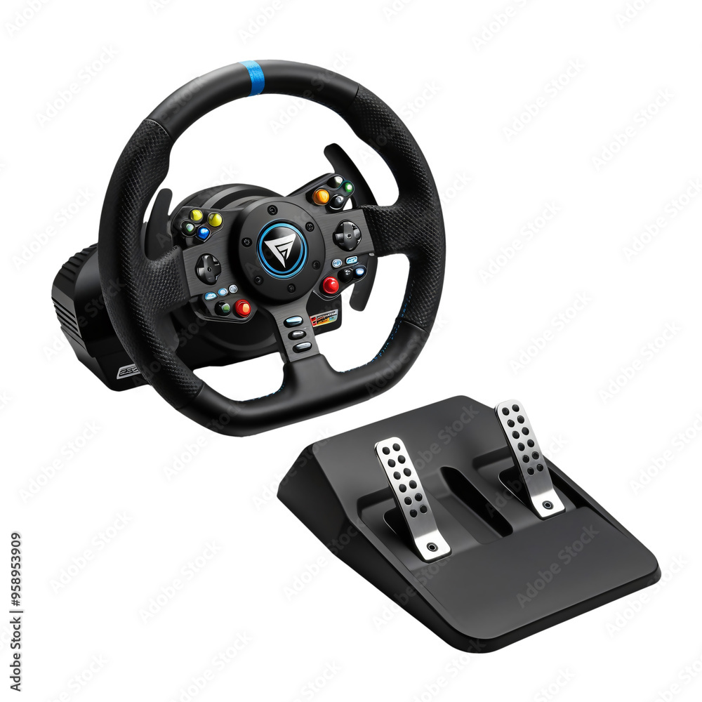 High-quality racing steering wheel and pedal set with black textured ...