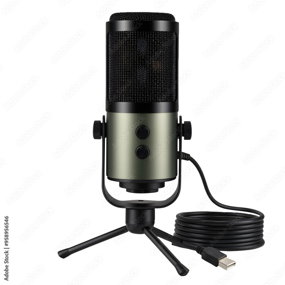 Studio-style USB microphone with cylindrical matte black and metallic ...