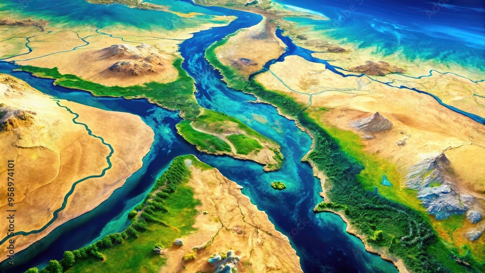 Saturated color illustration of the Nile River Delta region, showcasing ...