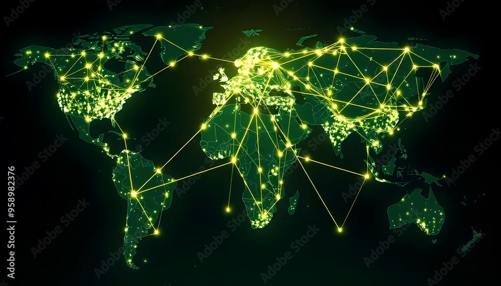 A world map at night showing the lights of cities and towns across the ...