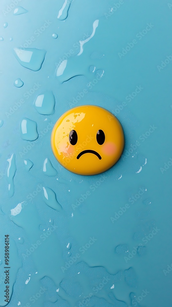 Sad Crying Face Emoji on Baby Blue Background with Water Drops ...
