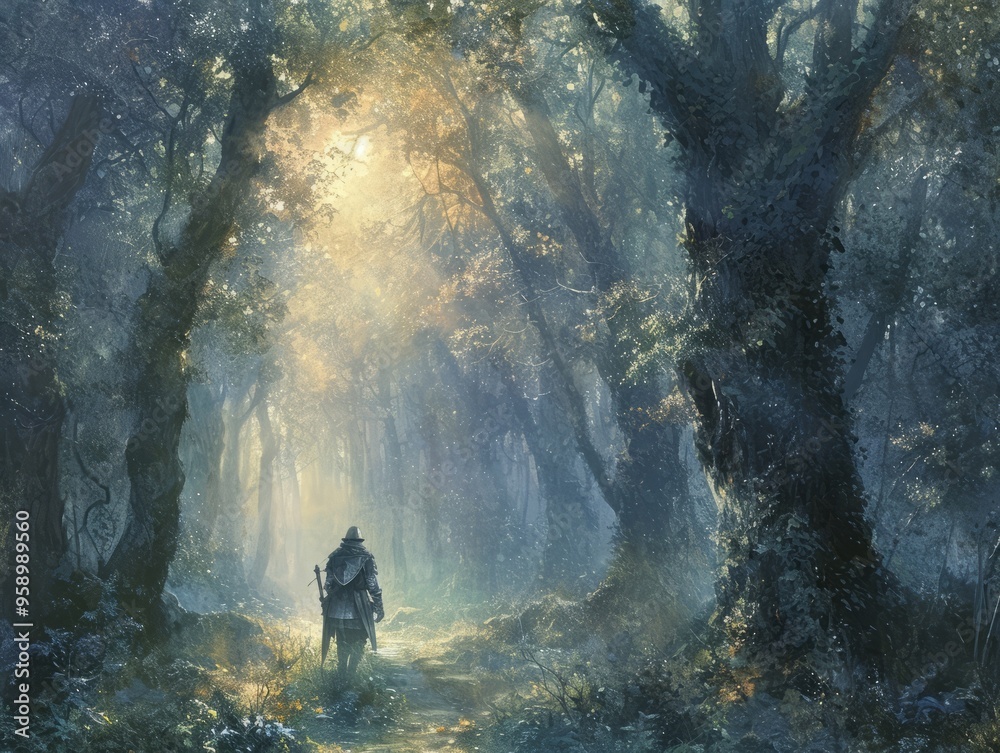 A mystical forest with ethereal lighting, where a hero clad in ancient ...
