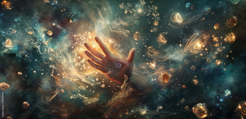 mysterious hand reaching through spiral galaxies Stock Illustration ...