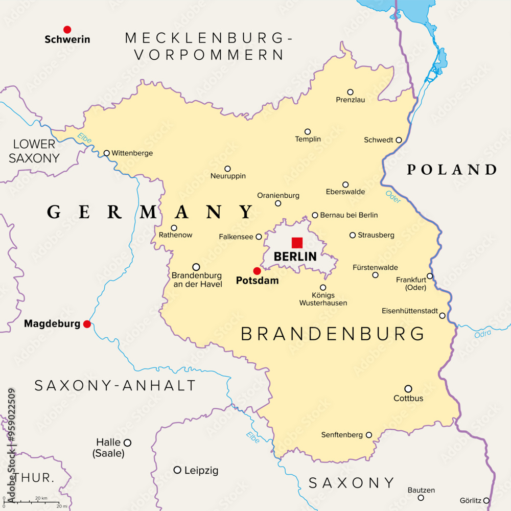 Brandenburg, a state in northeastern Germany, political map with ...