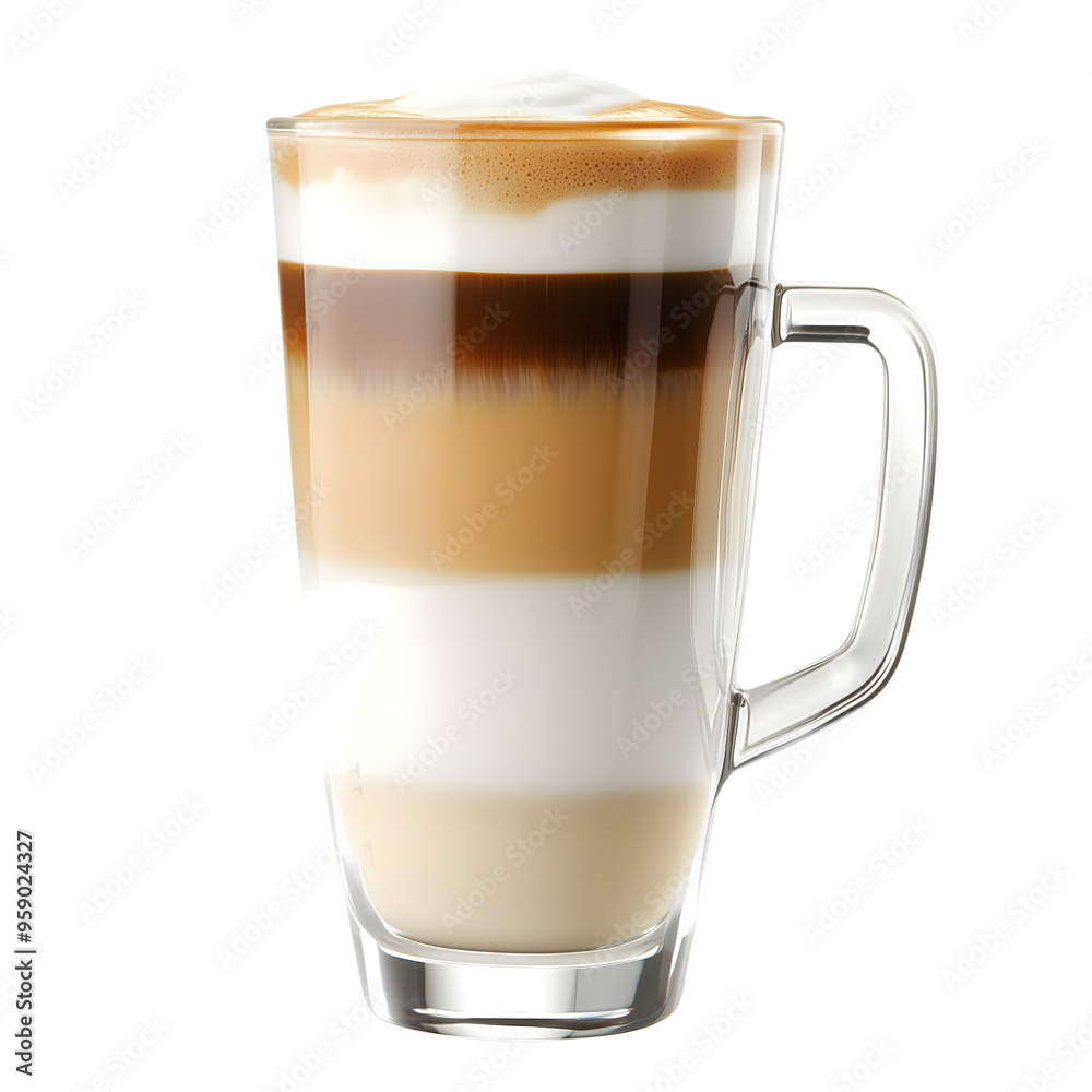 layered latte macchiato in tall clear glass isolated on transparent ...