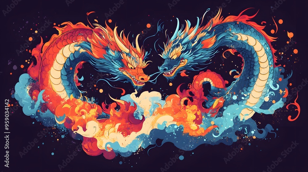 Chinese Zodiac Dragon with Fire and Water: A dragon intertwined with ...