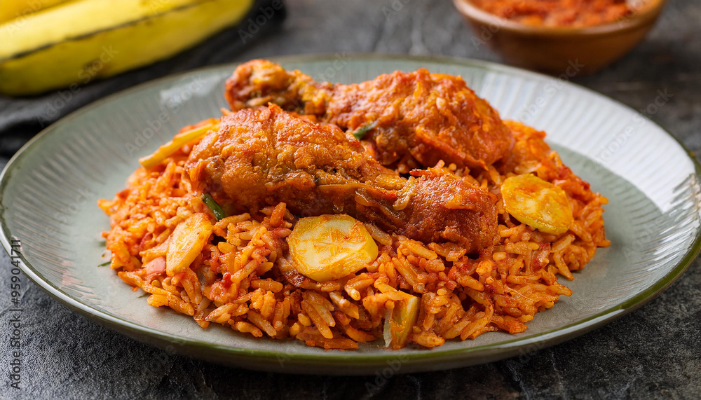 Nigerian jollof rice, spicy tomato-infused rice with peppers, onions ...