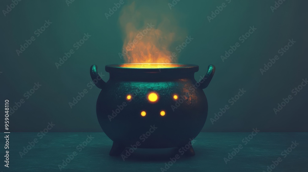 Mystic cauldron glow flat design front view ancient magic theme 3D ...