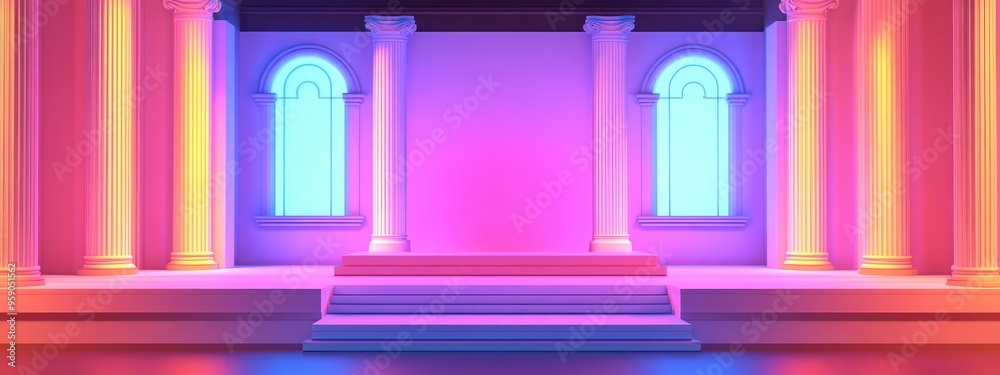 Roman style stage design featuring two windows a raised three level ...