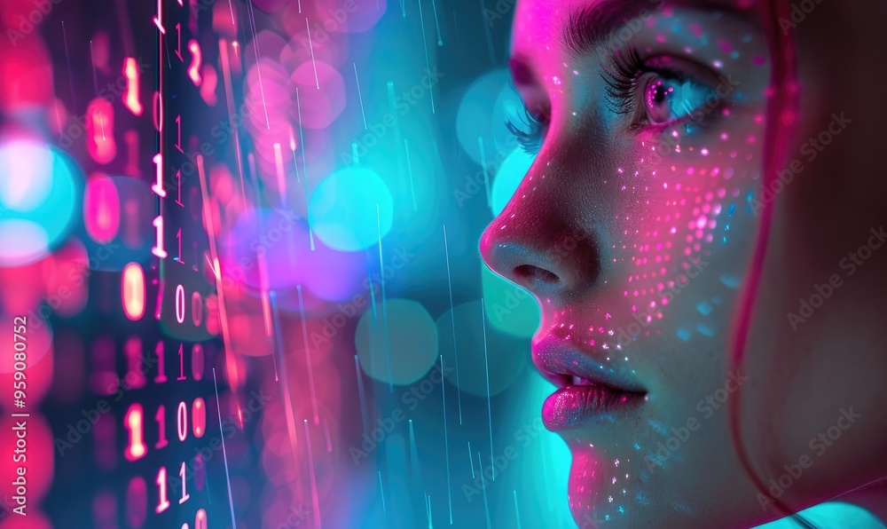 Cyberpunk Portrait: Skilled Female Programmer with Matrix Code ...
