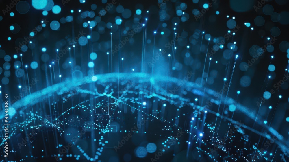 Ilustración de Stock futuristic global network visualization glowing blue lines connecting ...