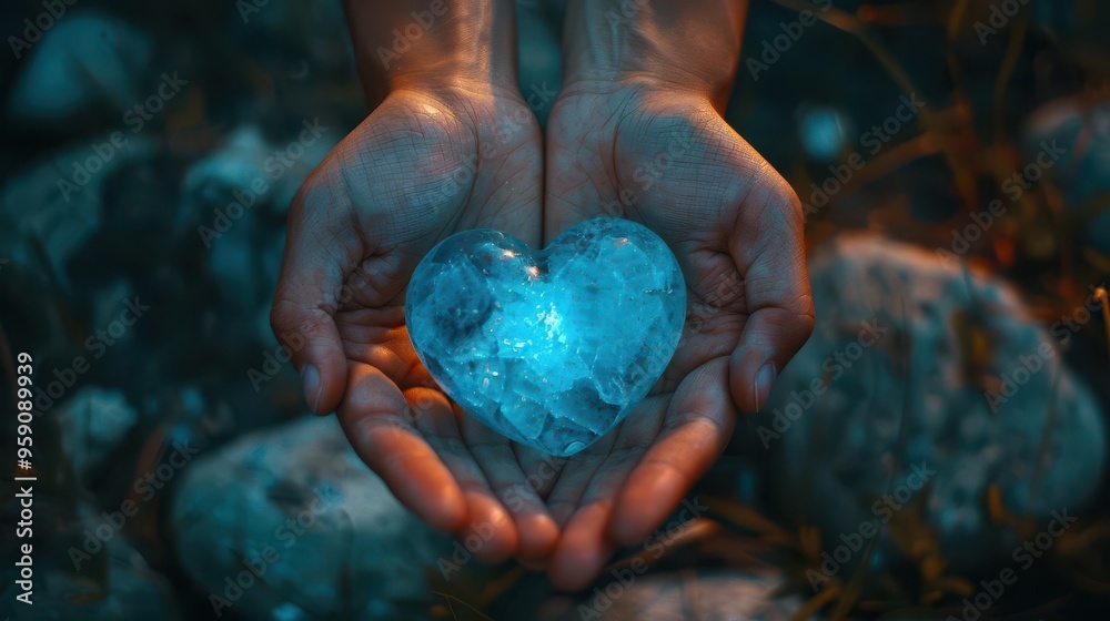 hands cradle a glowing azure heart radiating hope and compassion soft ...