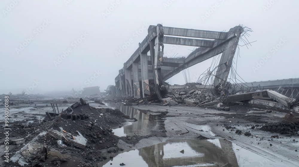 haunting panorama of a collapsed concrete structure with twisted rebar ...