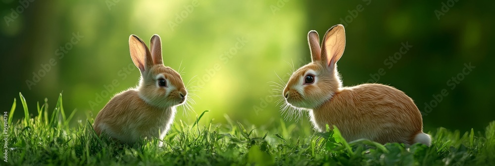 Two cute rabbits, facing each other, on a lush green grass meadow under ...