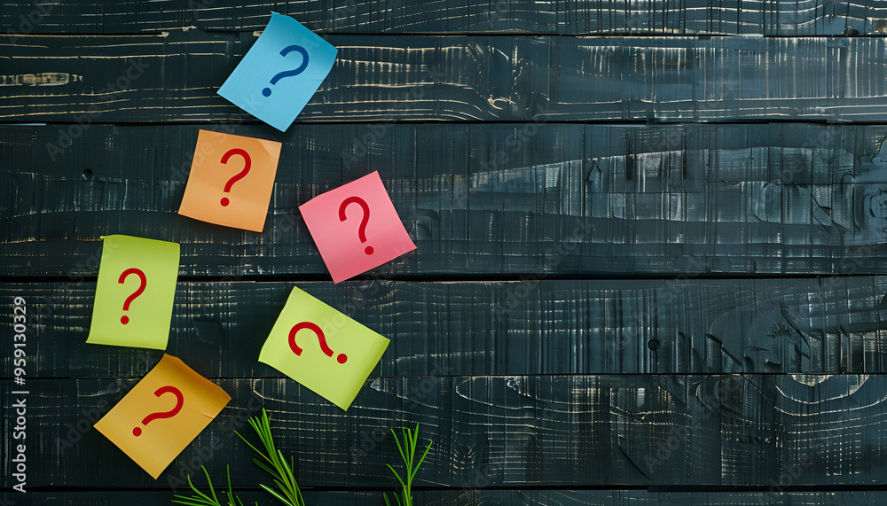 Question mark on sticky notes on office desk on dark wooden background ...
