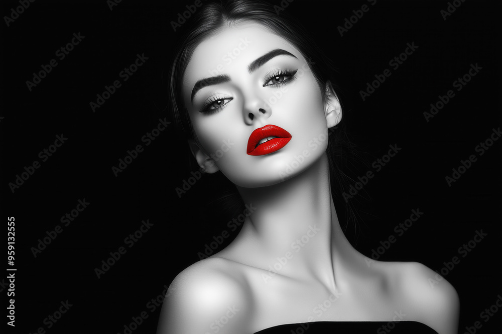 Young Sexy Woman with Red Lips Portrait in Selective Black and White ...