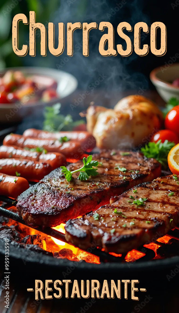 Flyer de restaurante. Churrasco. Churrascaria. Self-service. Na grelha ...