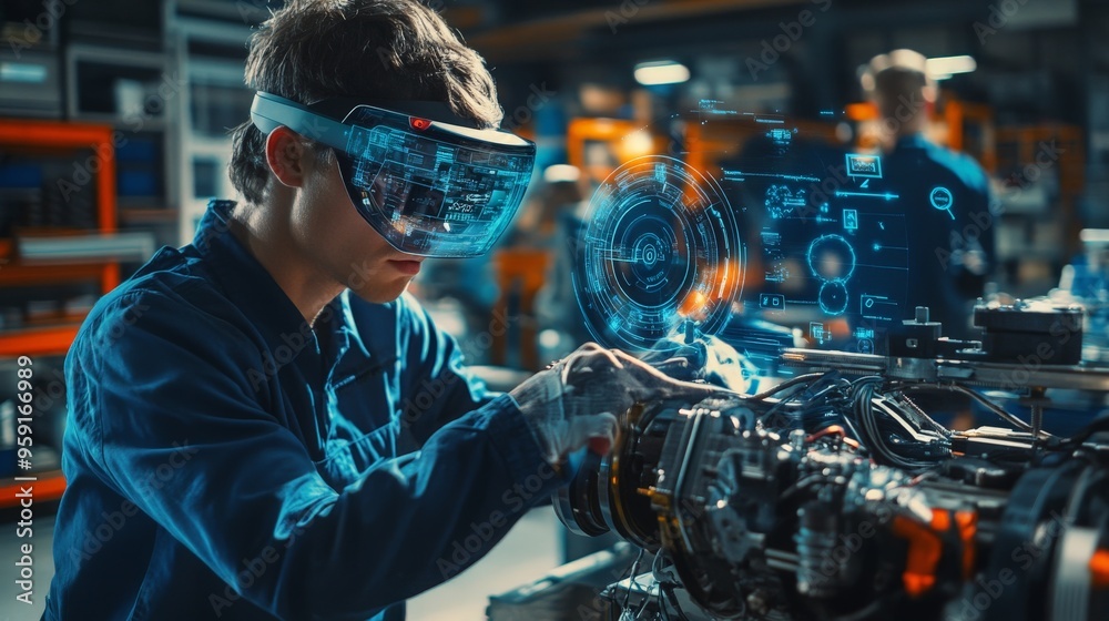Technician using ar glasses for automotive engineering in a modern ...