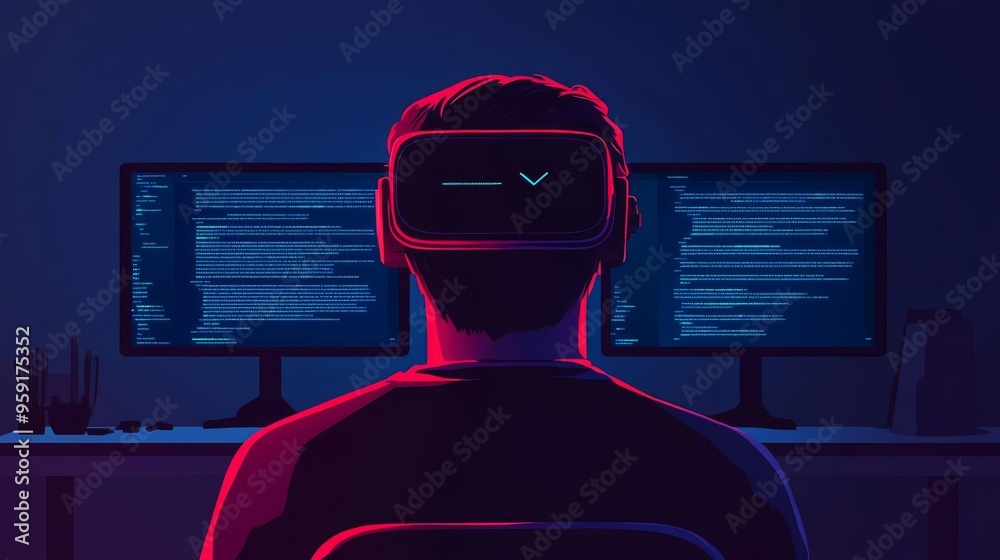 Programmer coding frontend elements, virtual reality screens, advanced tech workspace Stock ...