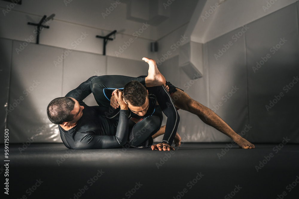 brazilian jiu jitsu bjj no gi grappling training two athletes practice ...