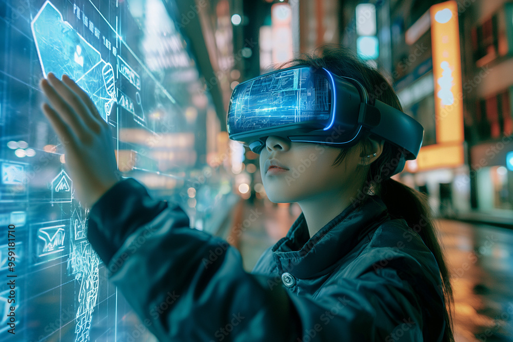 Person wearing sleek augmented reality glasses, interacting with floating holographic interfaces ...