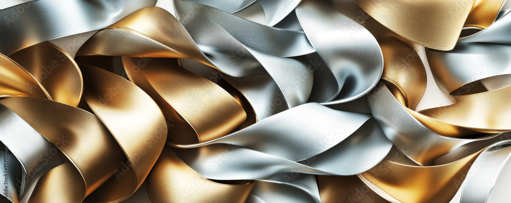 A modern 3D design featuring metallic twisted ribbons in shades of gold ...