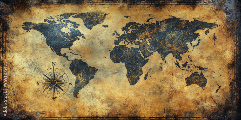 An old-world map with hand-inked borders and a compass rose. The map is ...