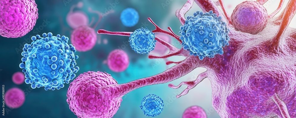 Immune cell interaction flat design side view immune system theme water ...