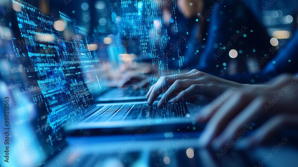 Software engineers use laptops to develop software with javascript and binary code on virtual ...