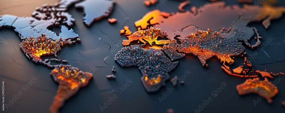 Global map showcasing densely illuminated city clusters in various ...