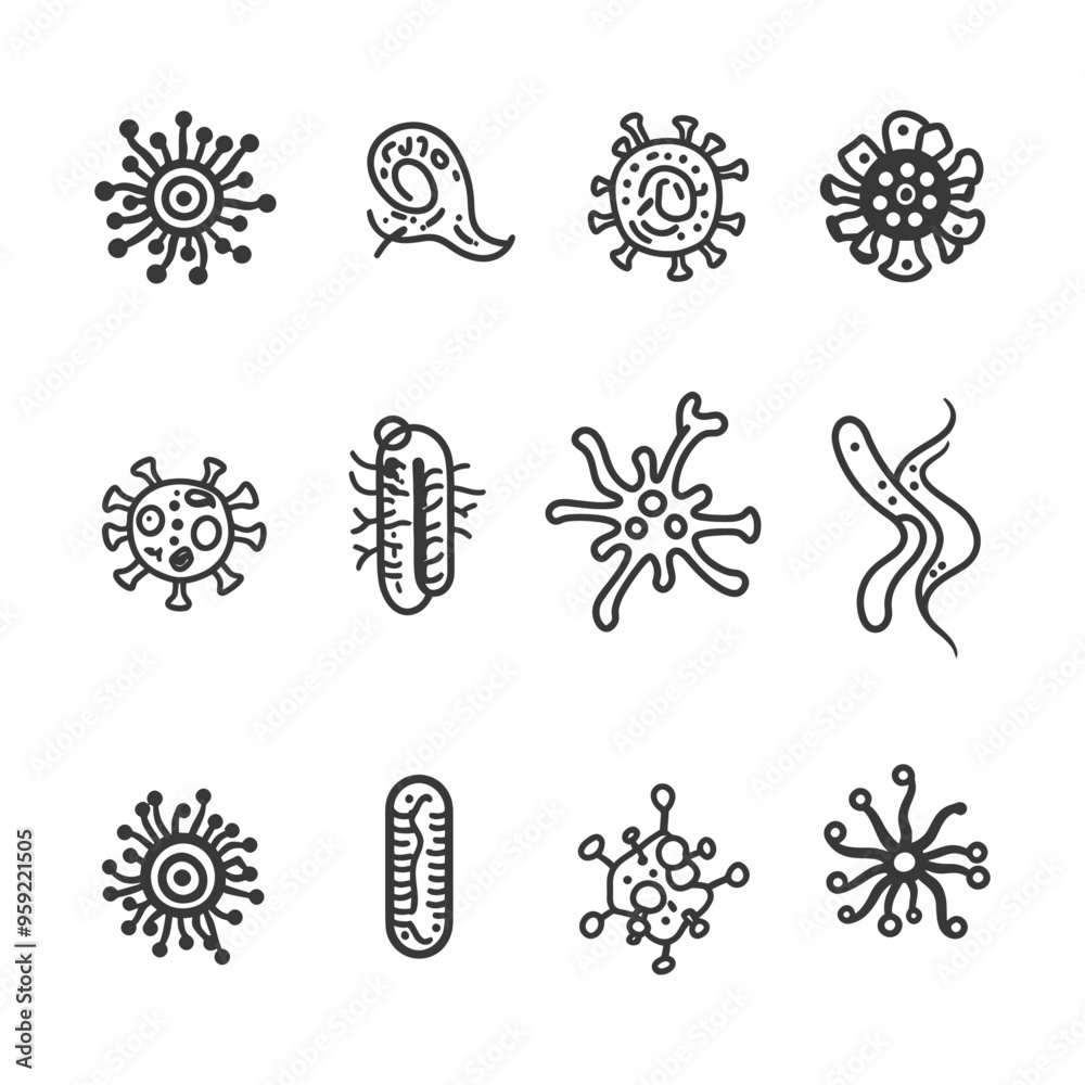 Set of Hand Drawn Doodle Virus and Bacteria Icons Stock Vector | Adobe ...