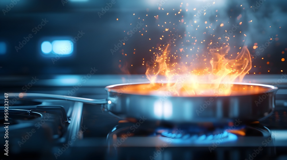 Close-up of a kitchen stove with flames erupting from a pan, futuristic ...