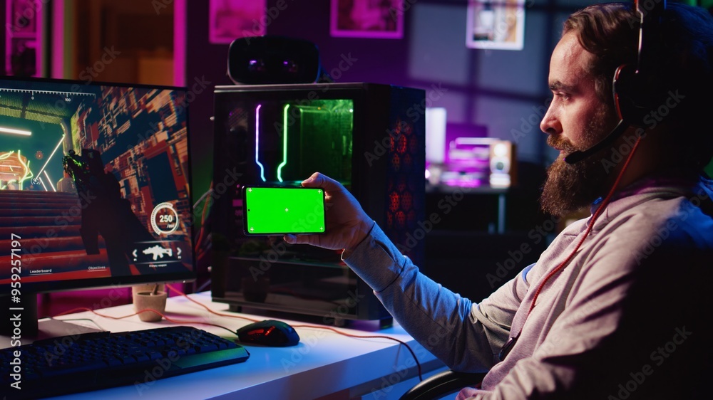 Man watching tutorial on mockup phone while playing first person ...