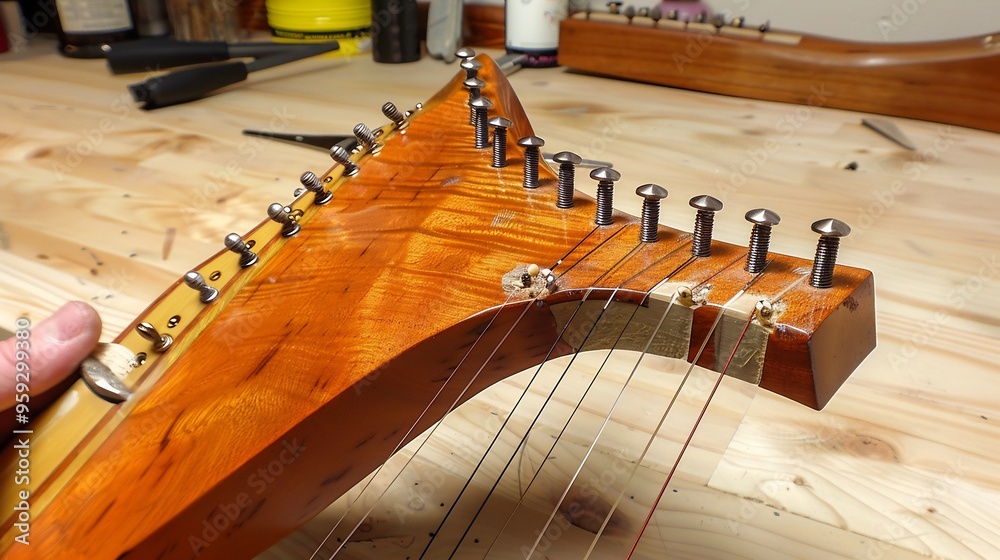 Luthier carefully shaping headstock of a custom harp focusing on tuning ...
