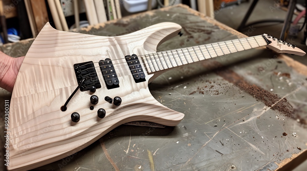Luthier crafting custom electric guitar focusing on headstock shaping ...