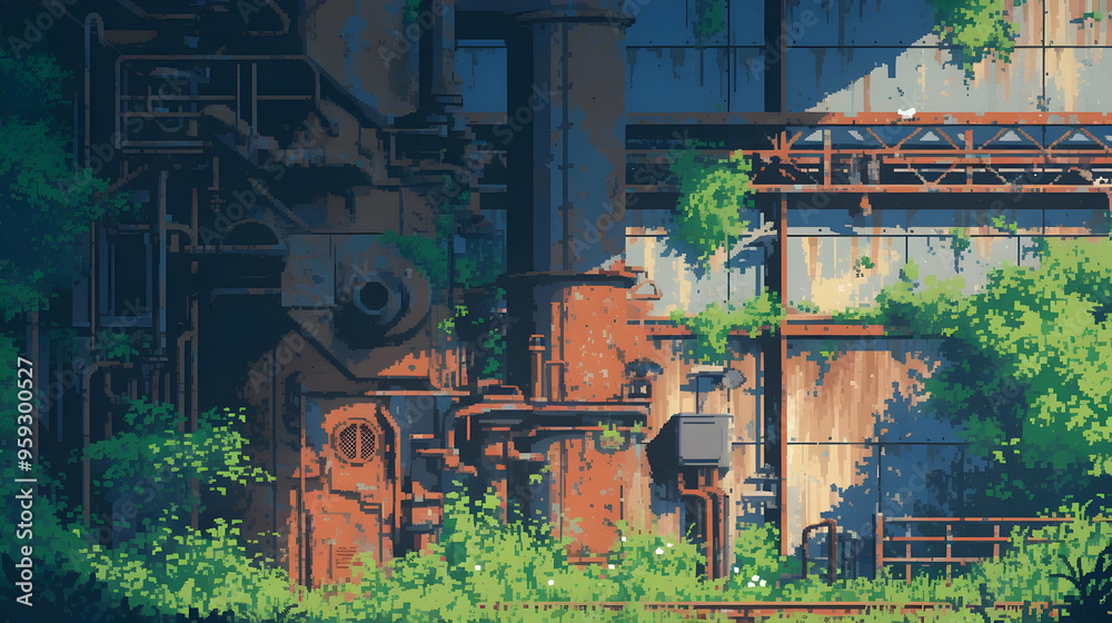 A pixel art depiction of an old, abandoned factory. The building is ...