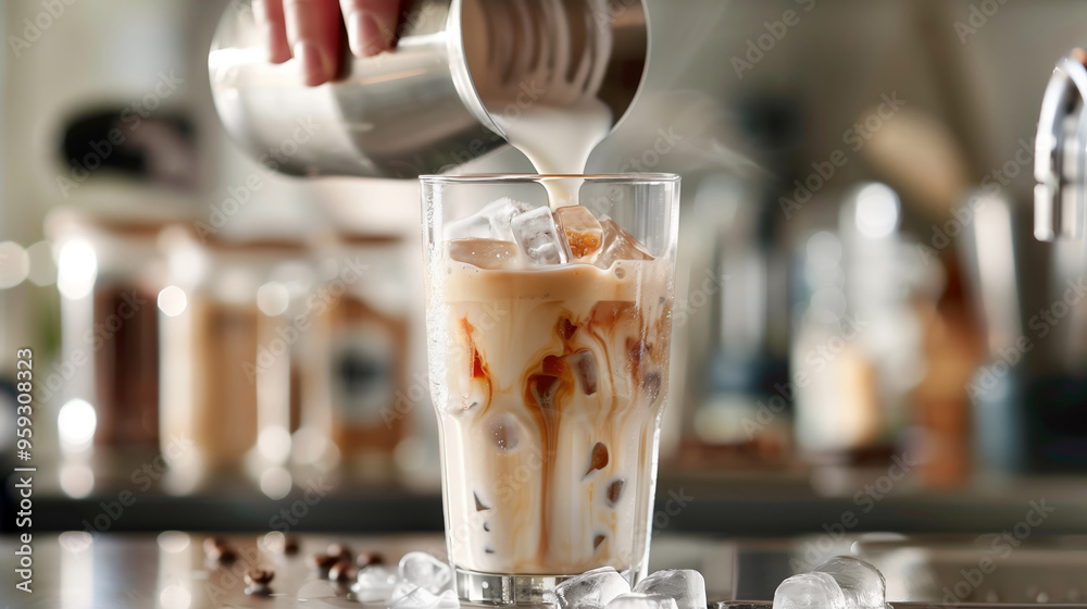 Making an Iced Latte. Food and Beverages Menu Recipe Concept. Stock ...