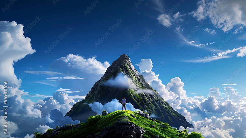 Profound humility a person stands before a massive mountain their head ...