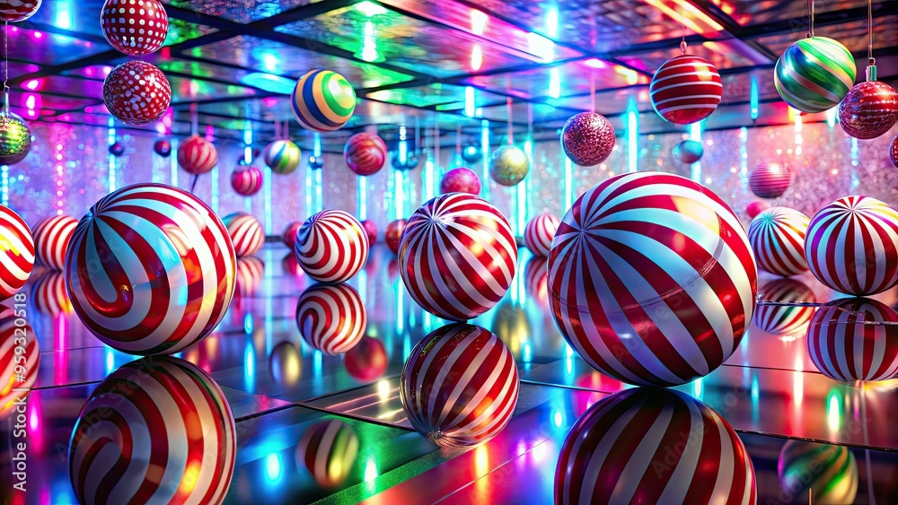 striped candy cane disco balls spinning on mirrored floor under neon lights retro disco glamour ...