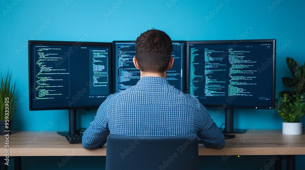Programmer integrating API with website on a dual monitor setup, efficient web development ...